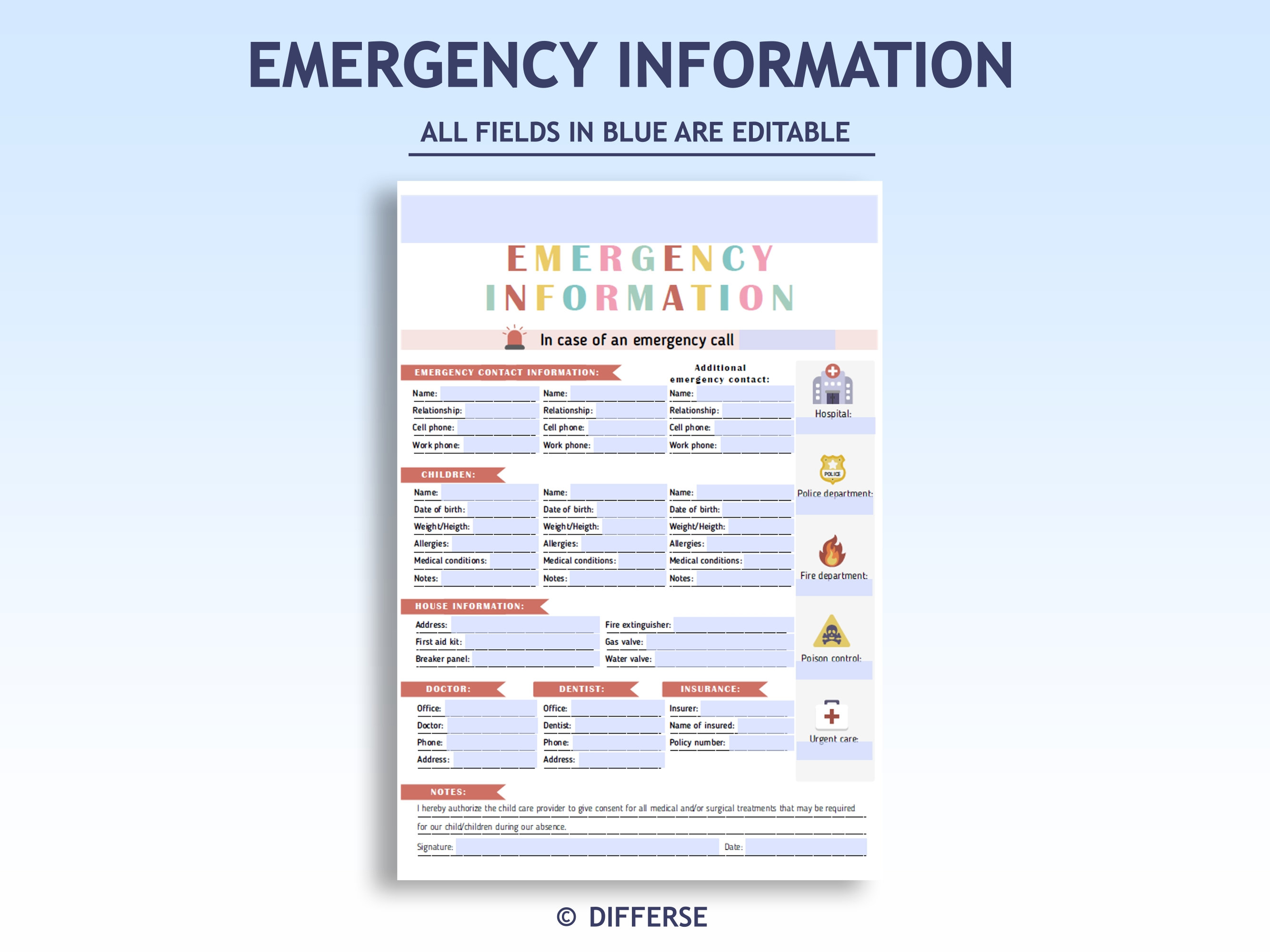 Emergency Information Sheet | Babysitter Information Sheet | Emergency ...