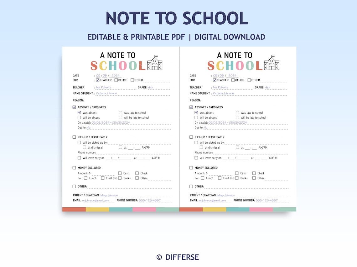 Note to School Template | School Note From Home | Excuse Note | Note ...