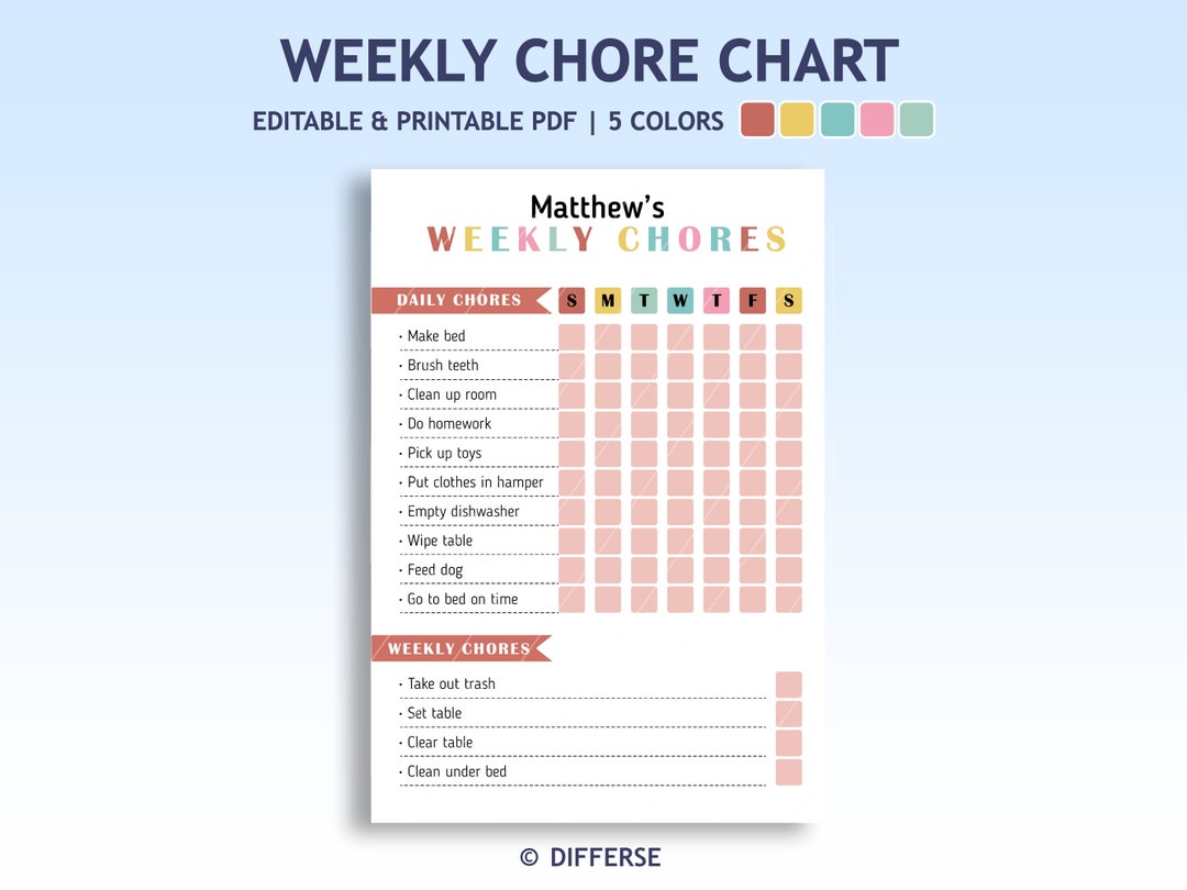 Editable Chore Chart for Kids | Daily Chore Chart | Weekly Chore Chart ...