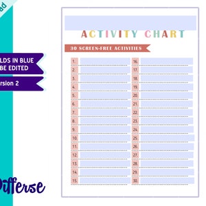 Screen Free Activities for Kids Printable Play Chart Play Routine Chart ...