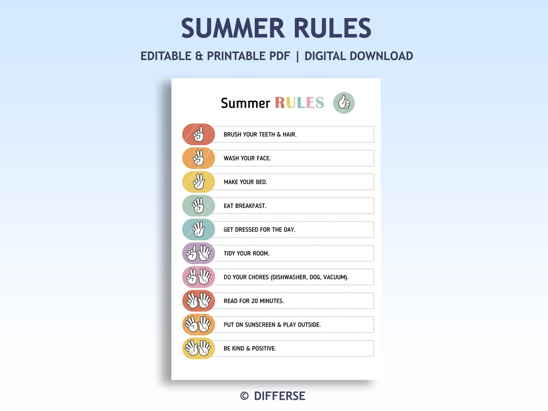 Summer Rules for Kids | Editable Summer Rules Chart | Printable Kids ...