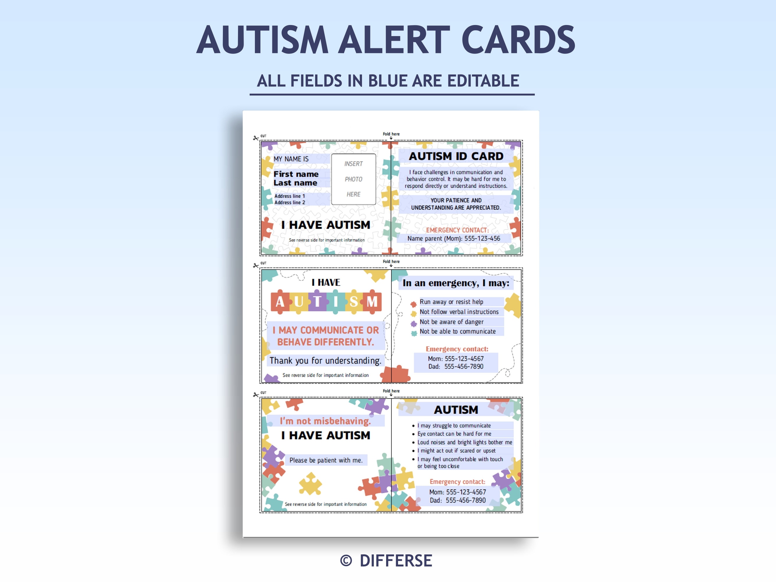 Editable Autism ID Card | Emergency Contact Card | Autism Medical Card ...