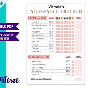 Allowance Tracker for Kids Allowance Chart Kids Responsibility Reward ...