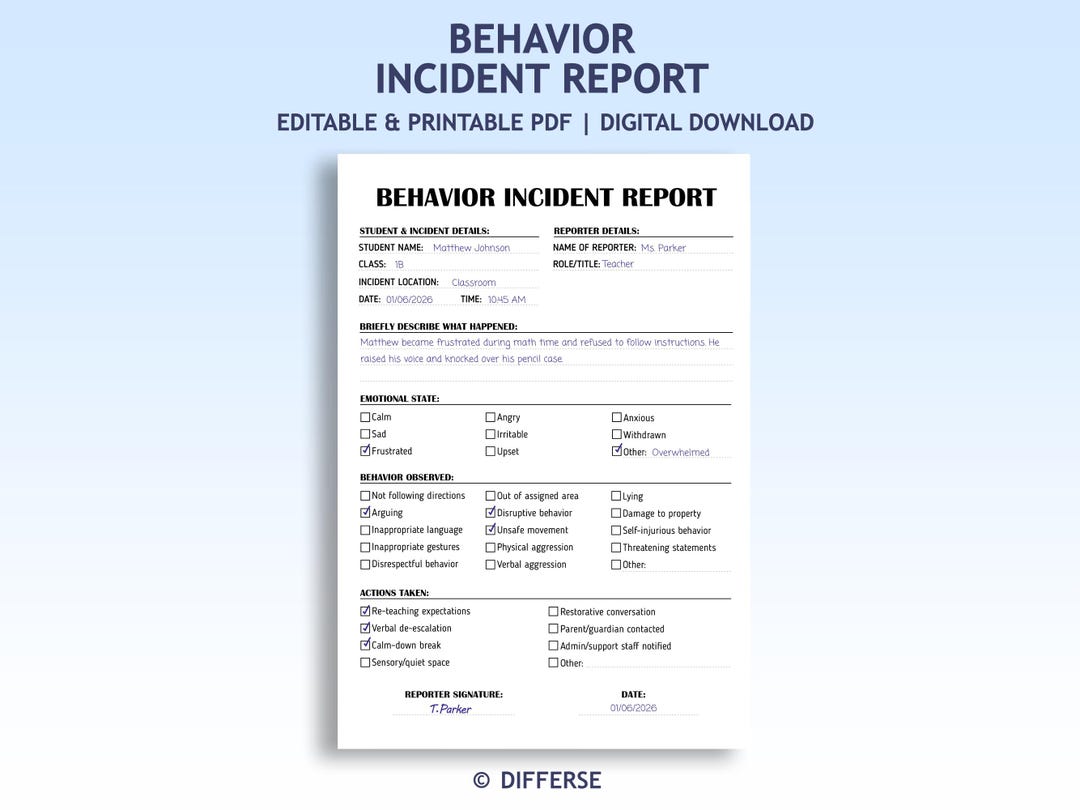 Editable Behavior Incident Report | Behavior Report | Early ...