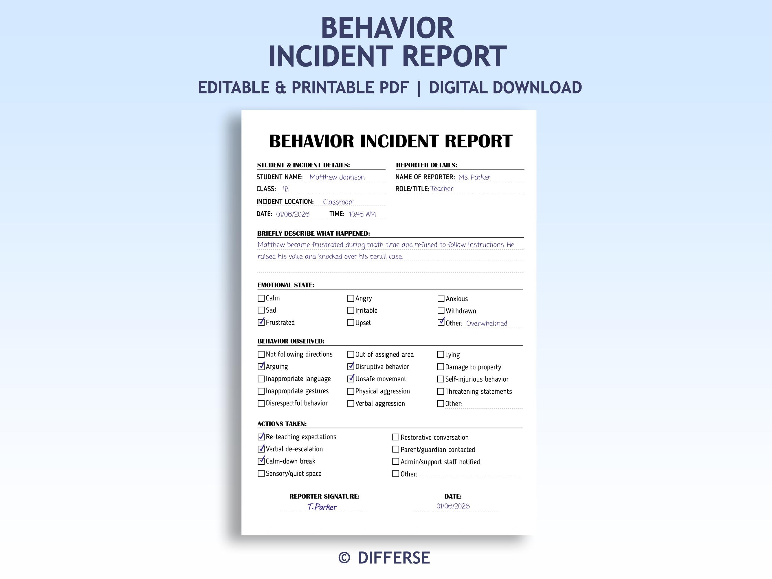 Editable Behavior Incident Report | Behavior Report | Early ...