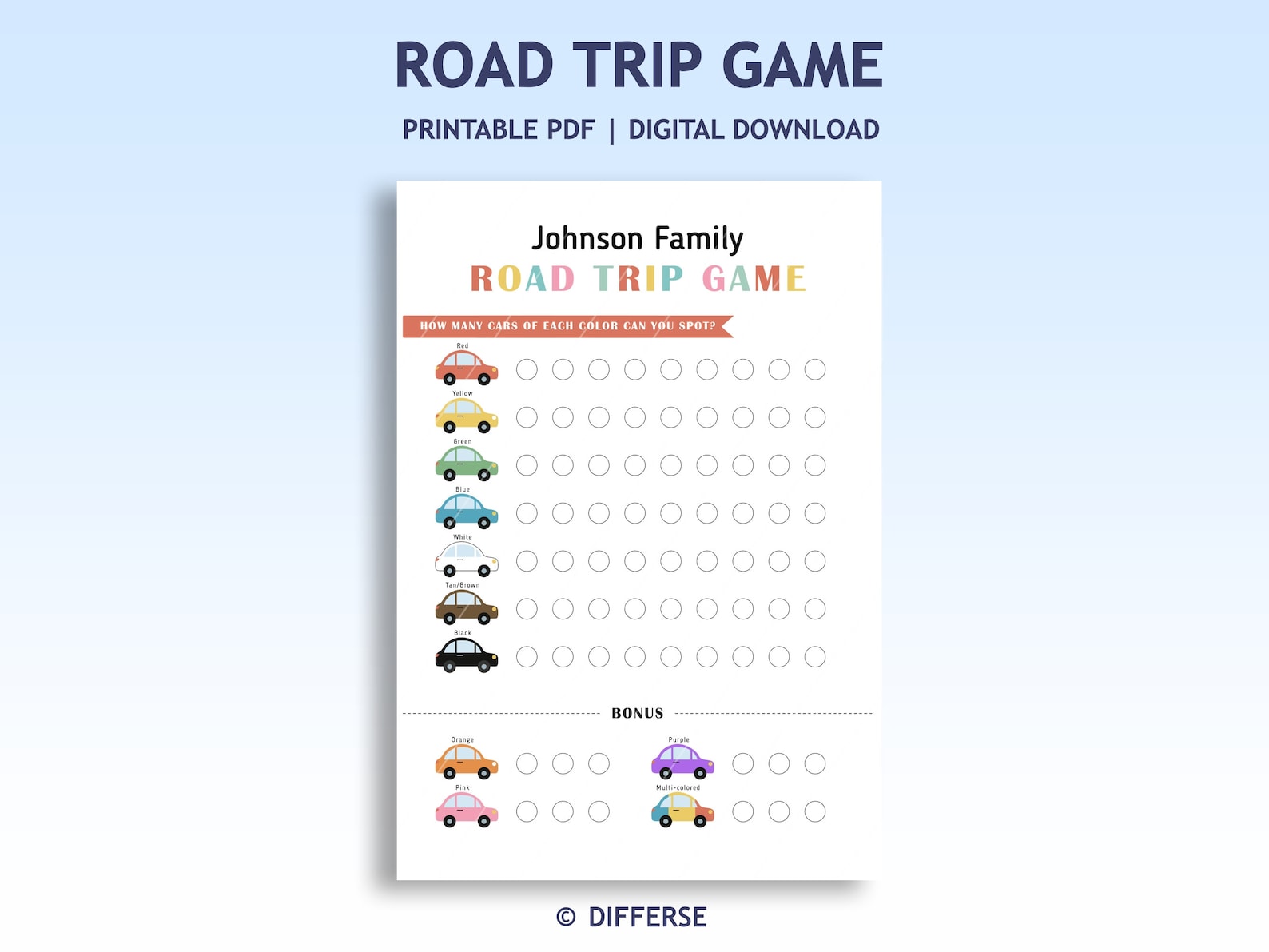 Printable Road Trip Game | Car Games | Counting Colored Cars | Car ...