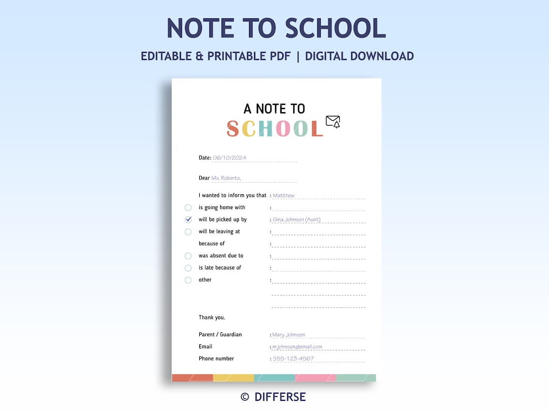 School Note From Home | Note to School Template | Excuse Note | Note ...