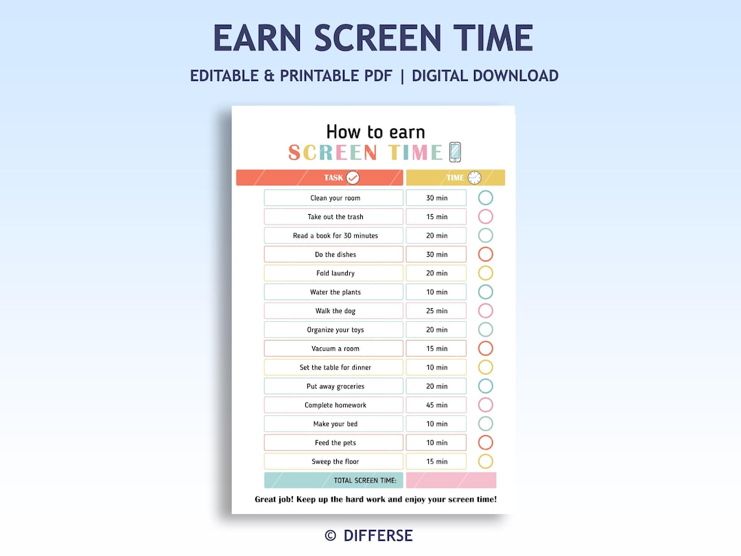 Screen Time Chart | Screen Time Checklist | Screen Time Schedule ...