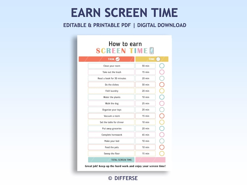 Screen Time Chart | Screen Time Checklist | Screen Time Schedule ...