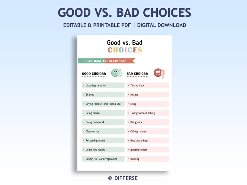 Good and Bad Choices | Positive and Negative Behavior | Behavior Chart ...