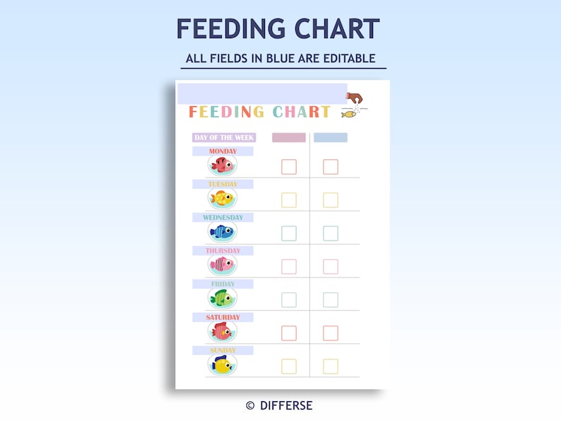 Fish Feeding Chart | Pet Feeding Chart | Fish Chart | Fish Feeding Log ...