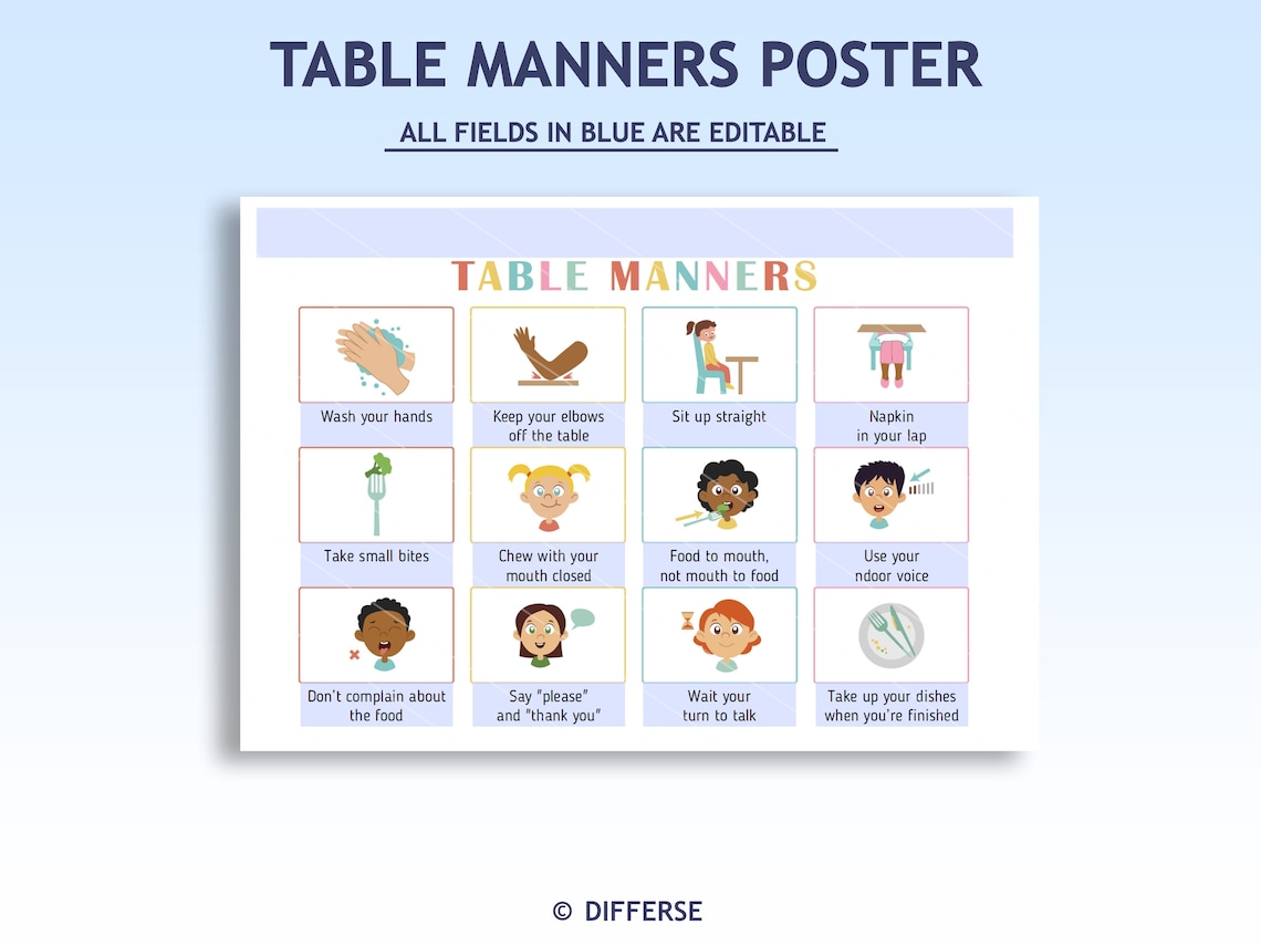 Table Manners Chart for Kids | Dining Etiquette | Good Habits ...