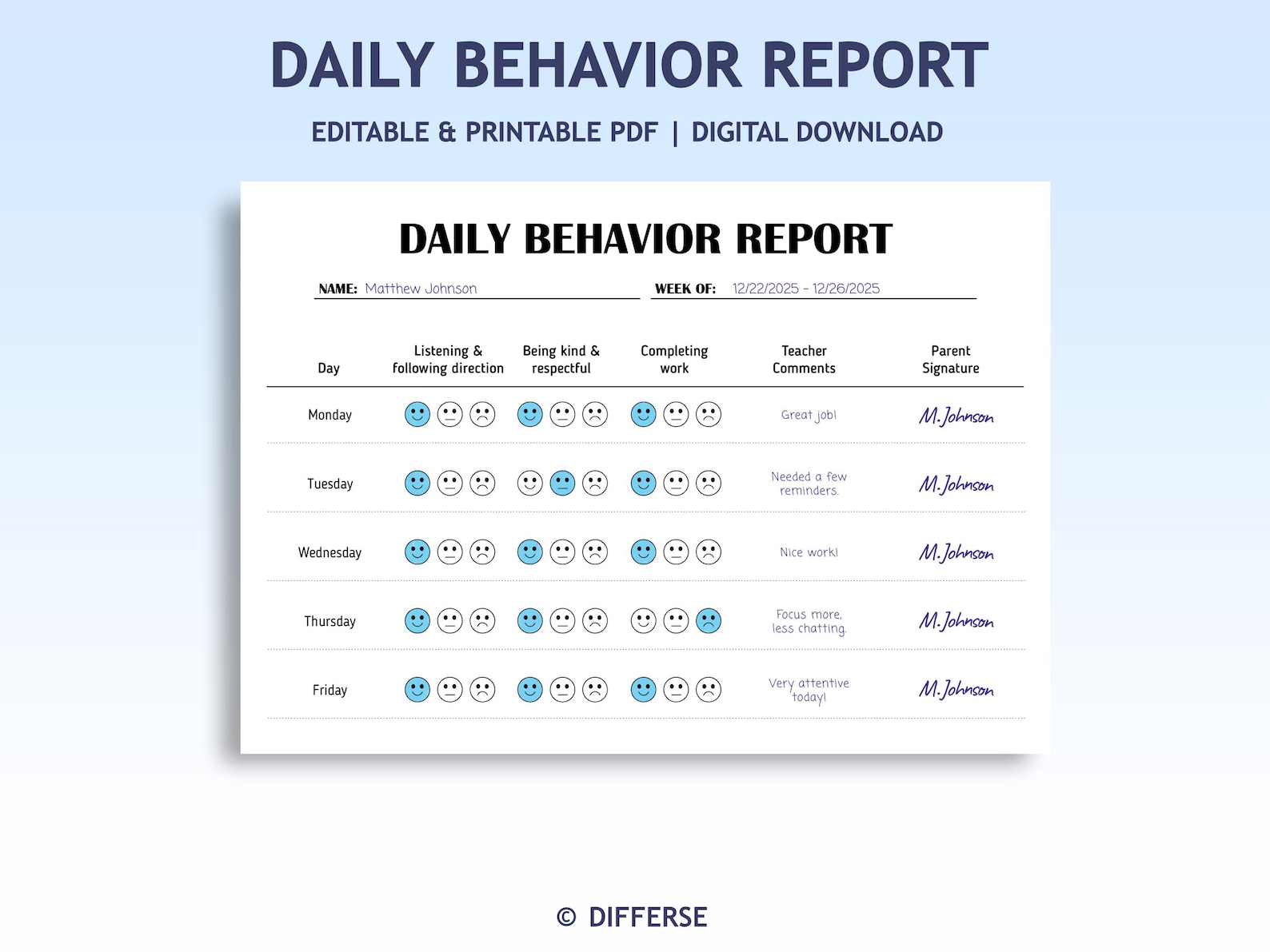Editable Daily Behavior Report Card | Printable Behavior Chart | Weekly ...