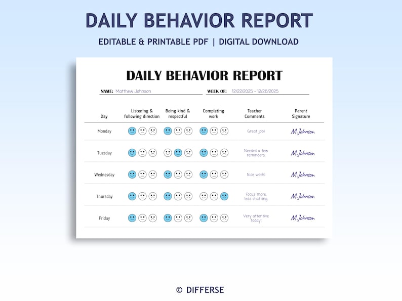 Editable Daily Behavior Report Card | Printable Behavior Chart | Weekly ...