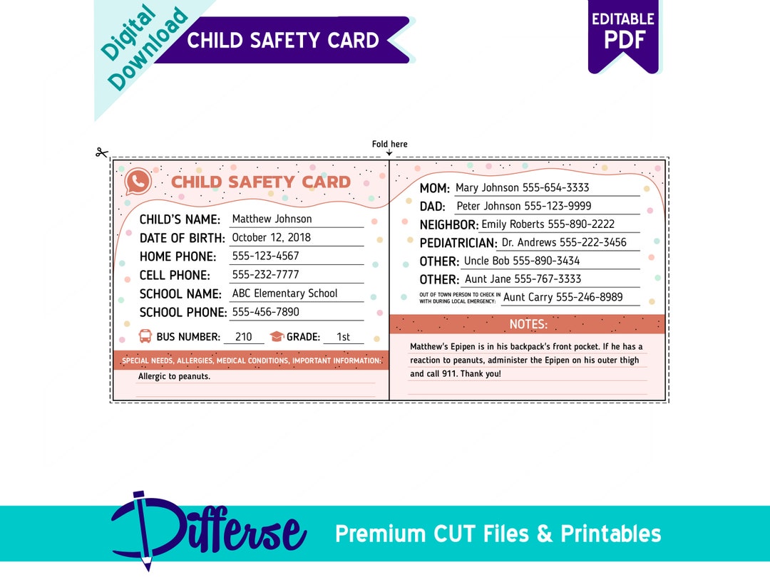 Editable Emergency Contact Card for Kids Backpack Tag - Etsy