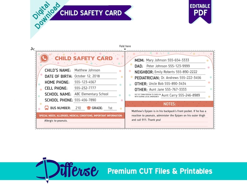 Editable Emergency Contact Card for Kids Backpack Tag - Etsy
