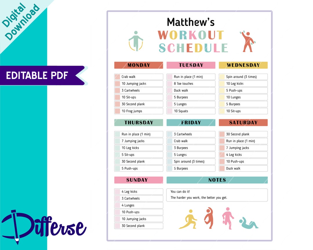 Kids Workout Schedule Kids Exercise Checklist Exercise - Etsy