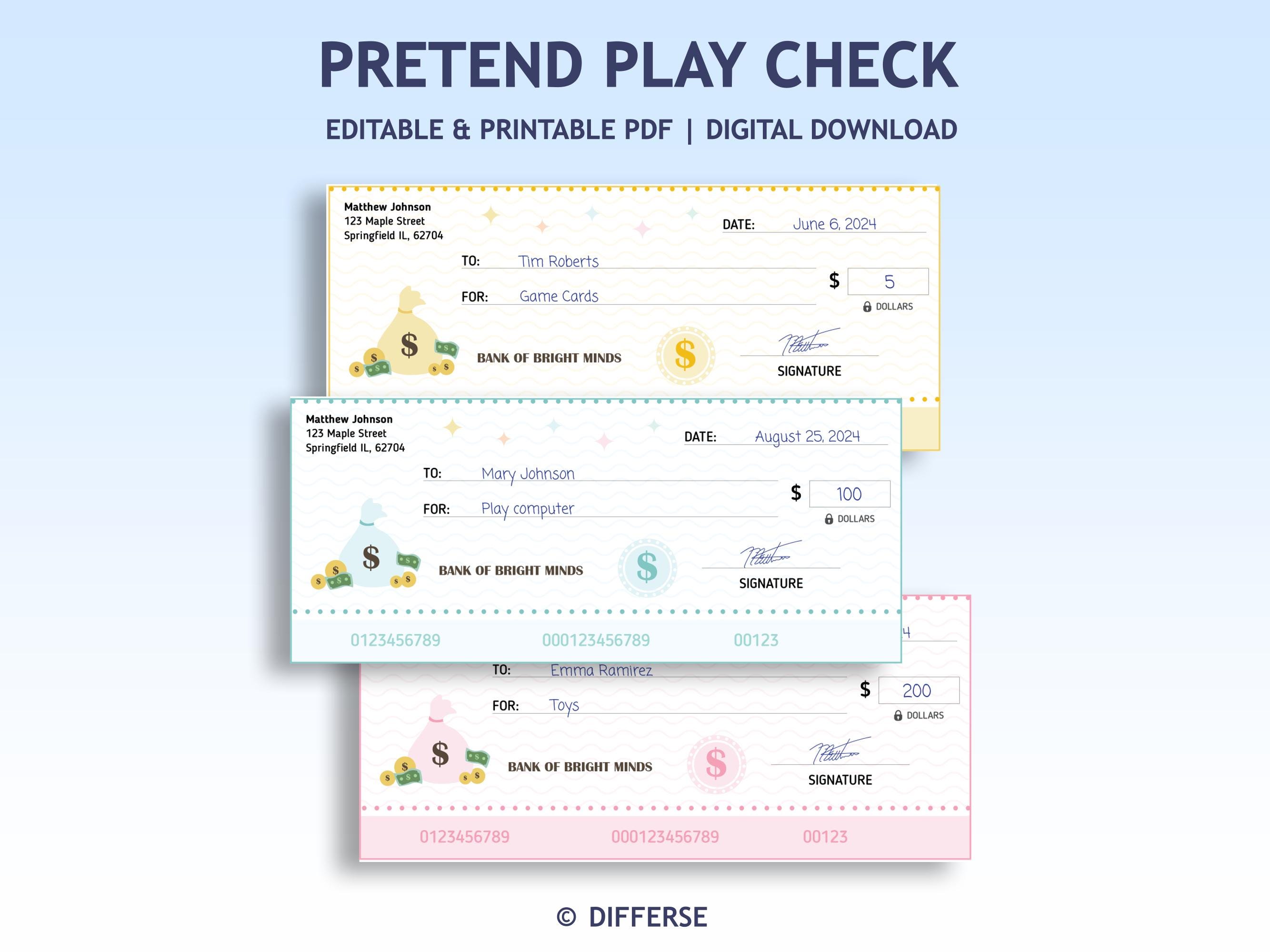 Editable Play Checks for Children | Kids Pretend Checks | Pretend Play ...