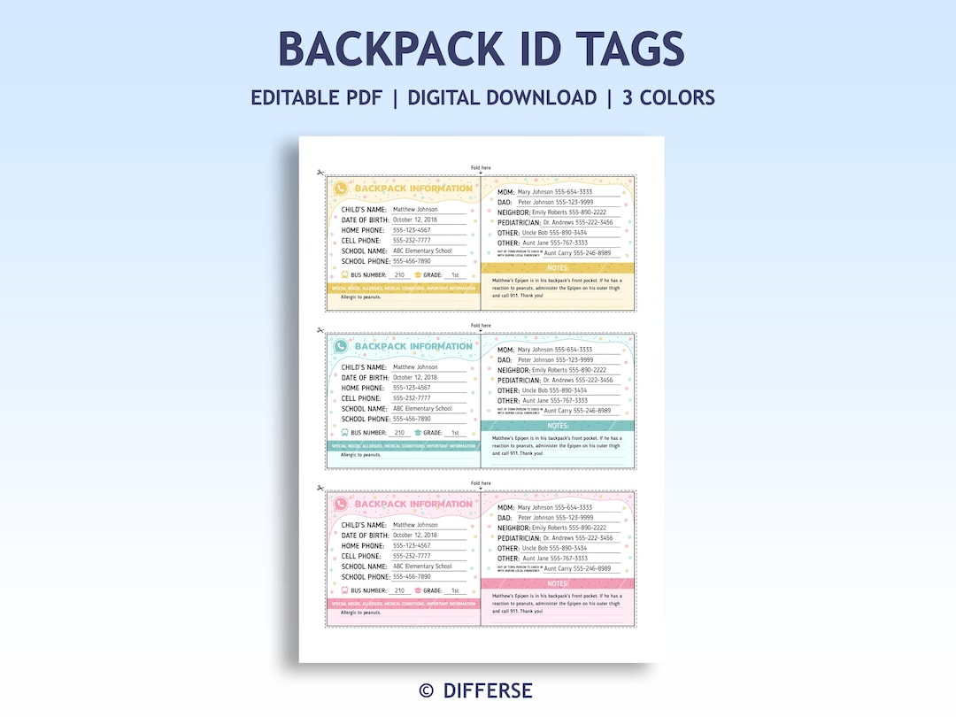 Editable Backpack ID Tag | Child Identification Card | Emergency Card ...