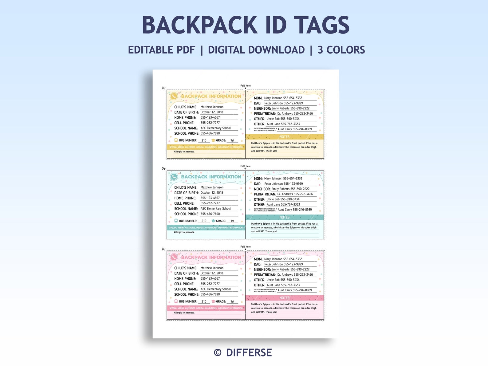 Editable Backpack ID Tag | Child Identification Card | Emergency Card ...