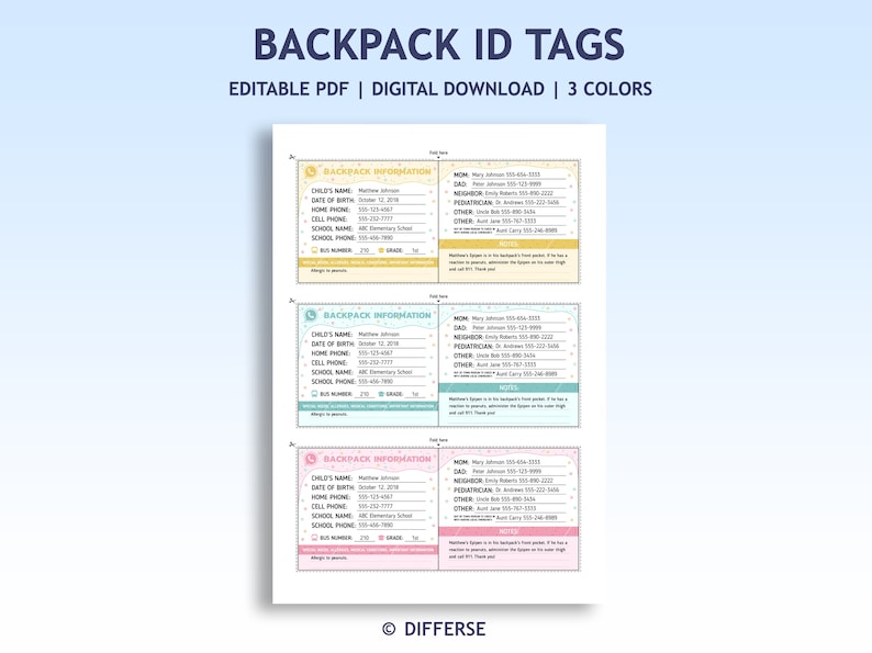 Editable Backpack ID Tag | Child Identification Card | Emergency Card ...