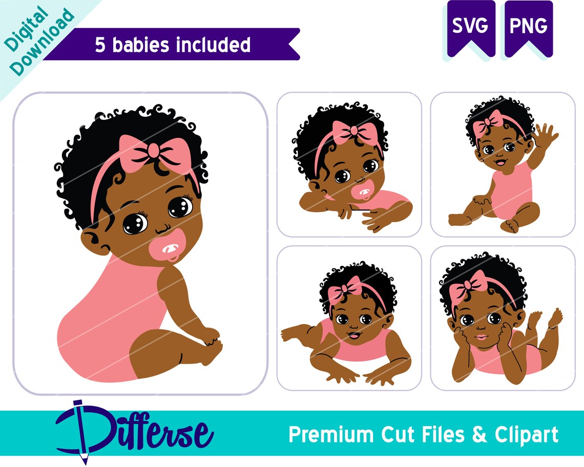 Set of 5 Cute African American Baby Girls SVG Cut File & PNG - Etsy