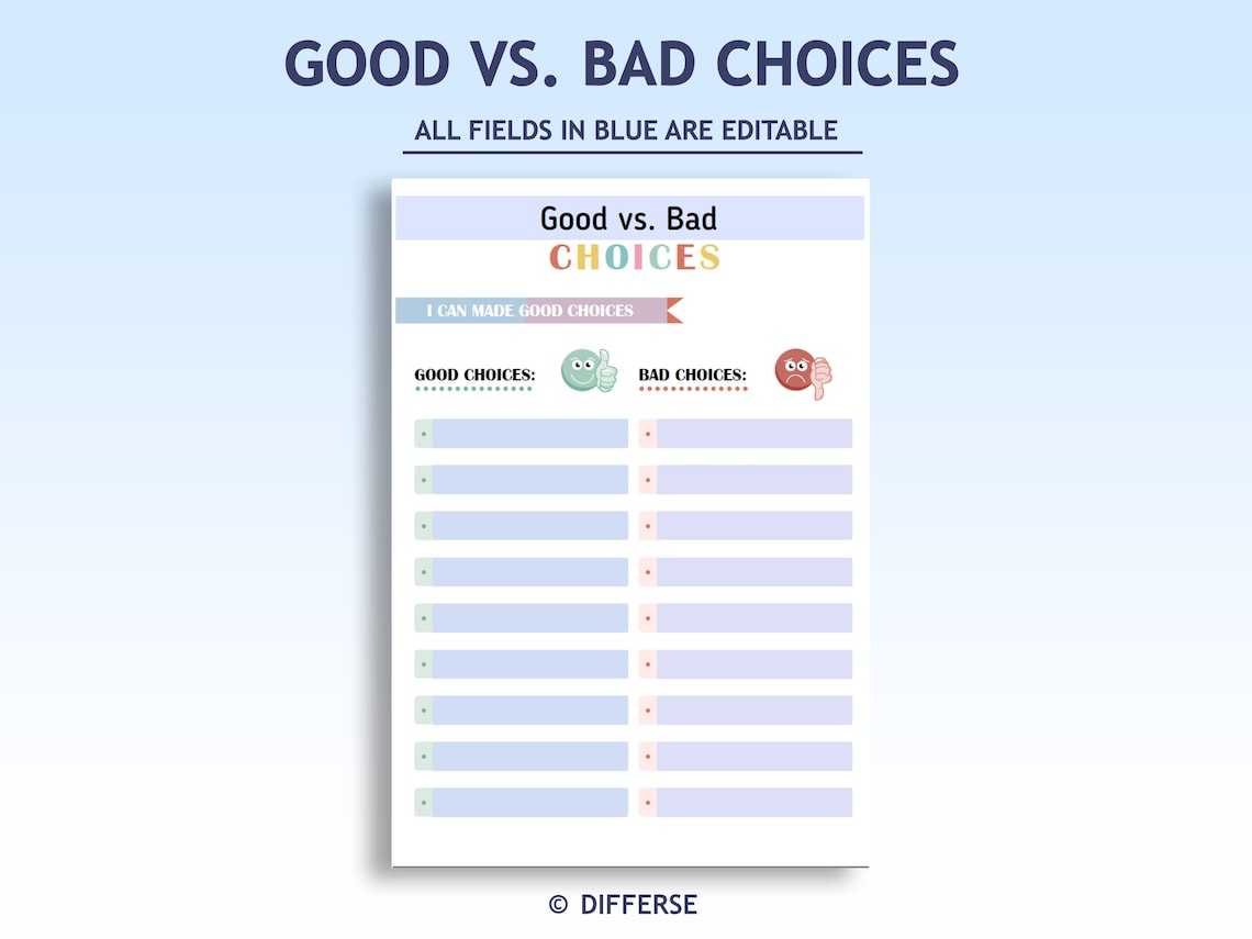 Good and Bad Choices | Positive and Negative Behavior | Behavior Chart ...