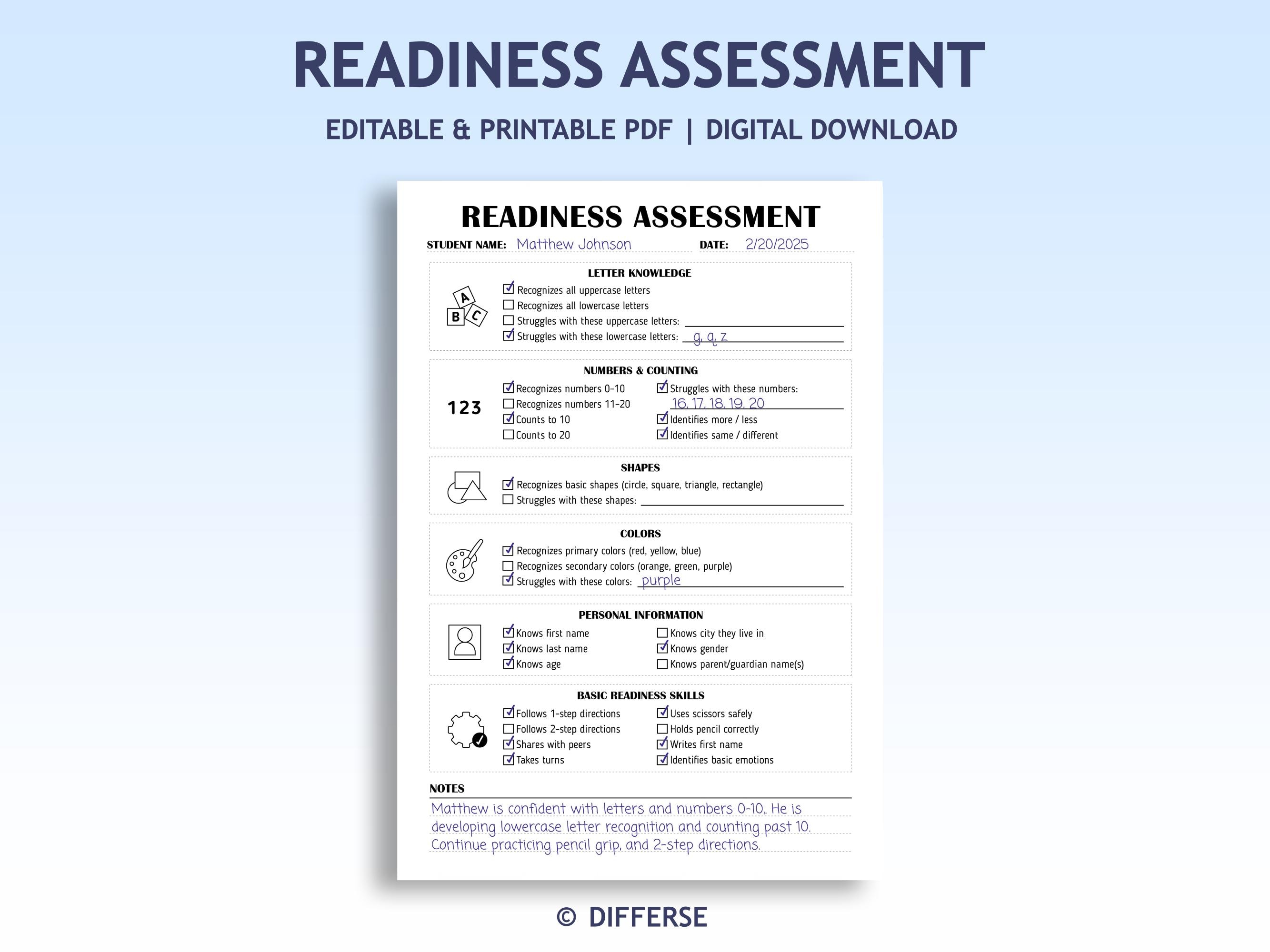 Editable Pre-k Readiness Assessment | End of Year Assessment ...