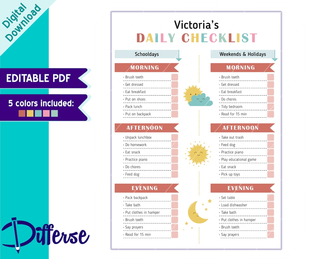 Kids Daily Checklist Daily Planner Daily Schedule to Do Printable Kids ...