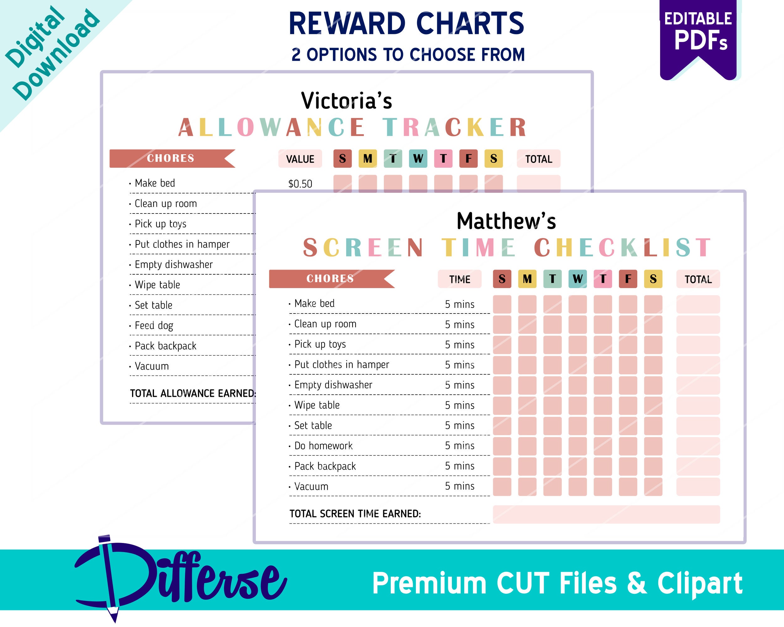 Chore Chart Bundle for Kids | Allowance Chart | Screen Time Checklist ...