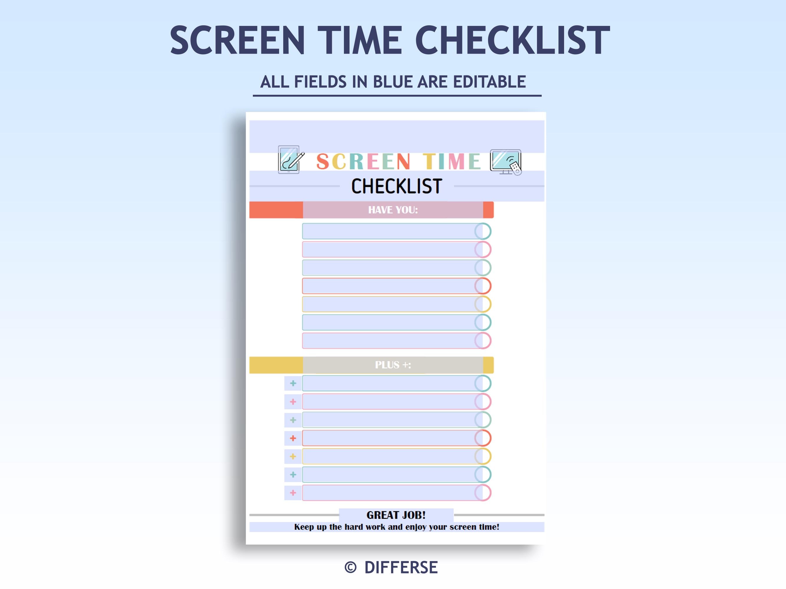 Screen Time Checklist | Screen Time Chart | Screen Time Schedule ...