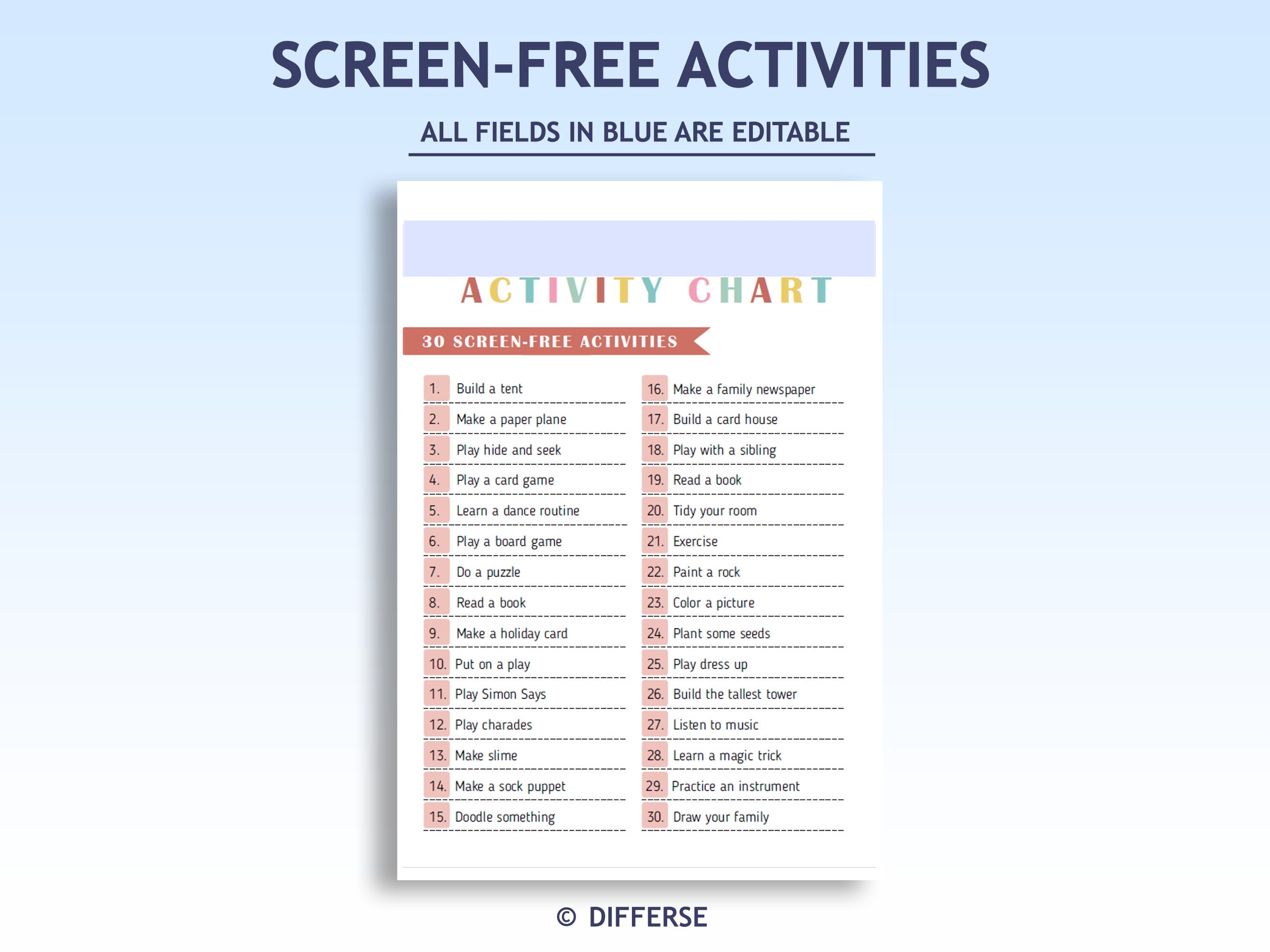 Screen Free Activities for Kids | Printable Play Chart | Play Routine ...