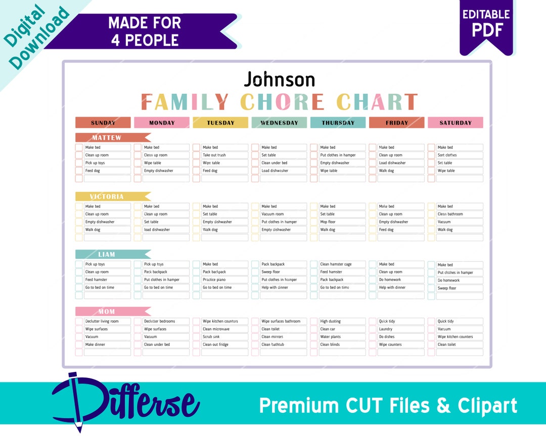 Chore Chart for 4 Kids Family Chore Chart Kids Chore Chart Family ...