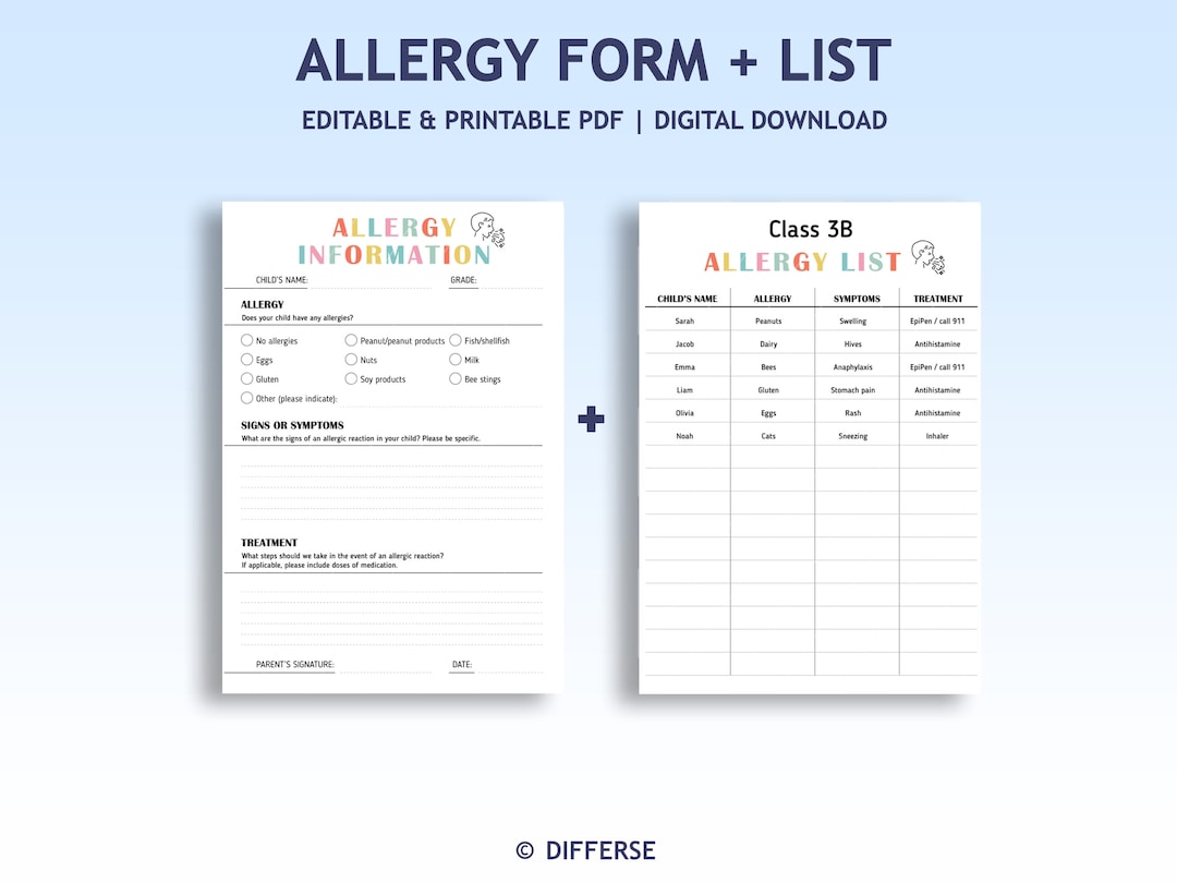 Allergy List + Allergy Information Sheet | Child Allergy Form ...