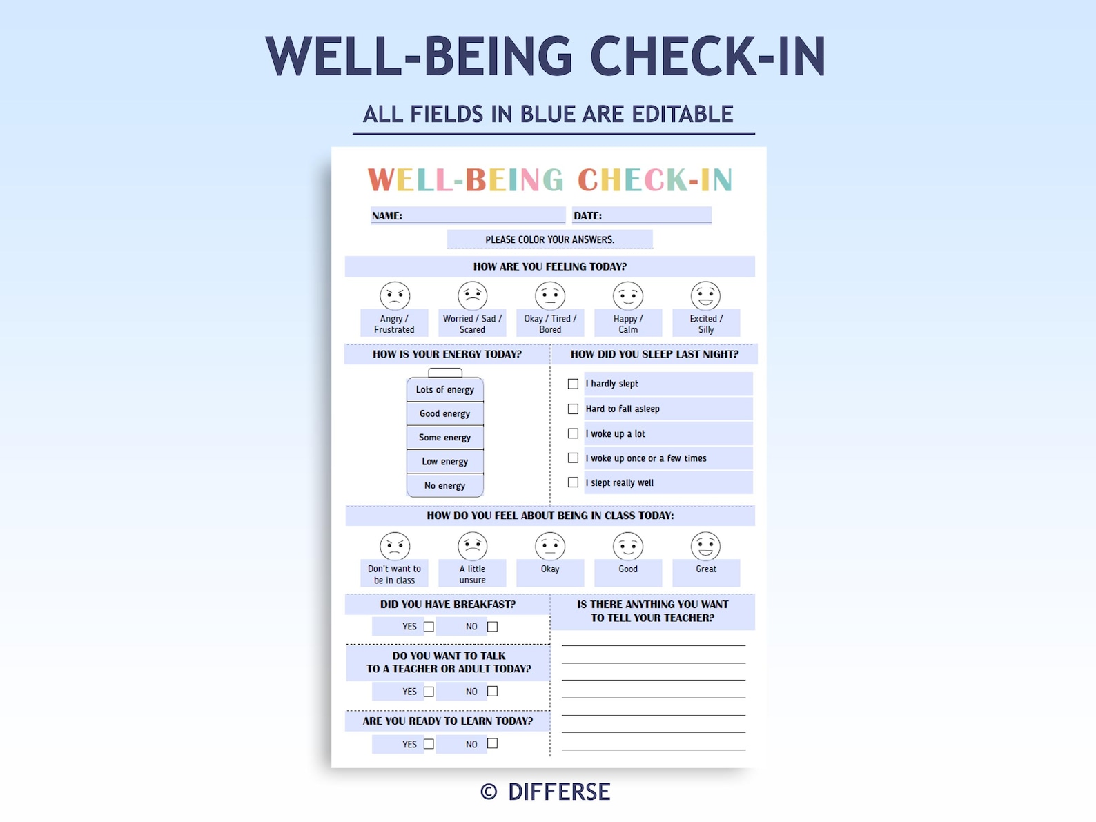 Kids Wellbeing Check-in Sheet | Daily Emotion Morning Check-in | Mental ...
