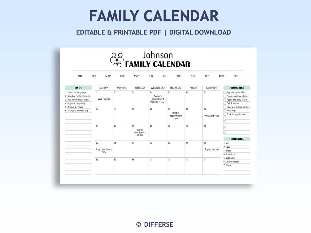 Printable Family Calendar | Family Monthly Planner | Printable Calendar ...