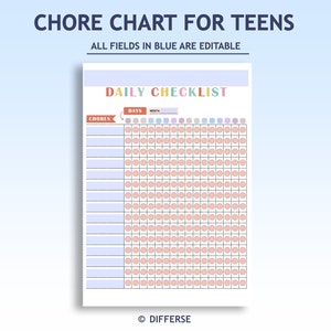 Teen Chore Chart | Daily Chore Chart for Teens | Printable Chore Chart ...
