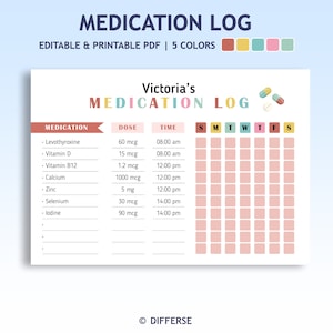 Daily Medication Log | Medication Tracker | Supplement Tracker ...