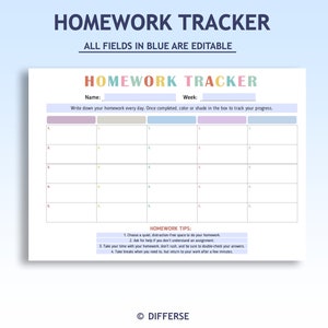 Homework Tracker | Editable Homework Chart | Printable Homework Chart ...