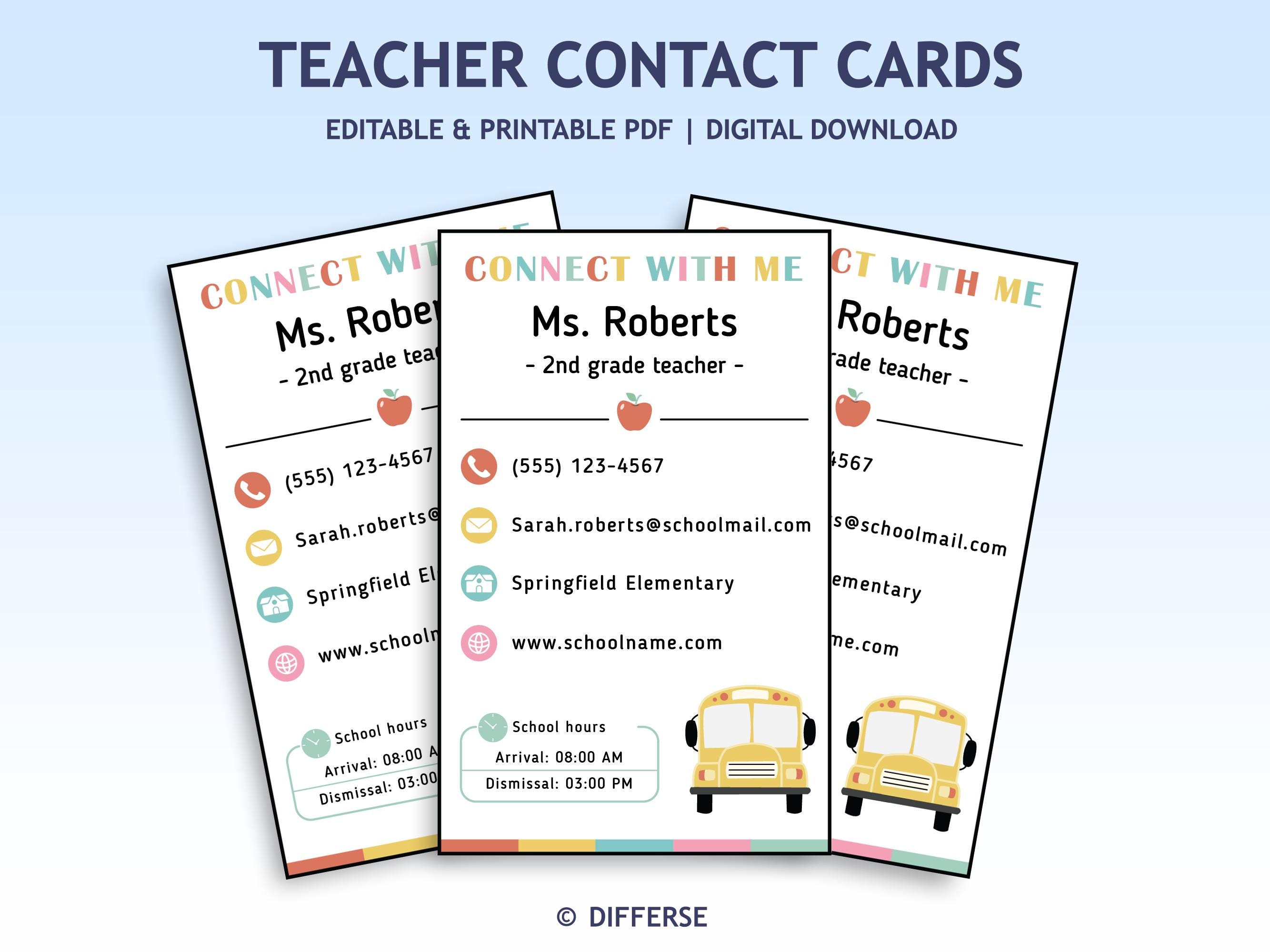 Editable Teacher Contact Cards | Teacher Contact Information | Teacher ...