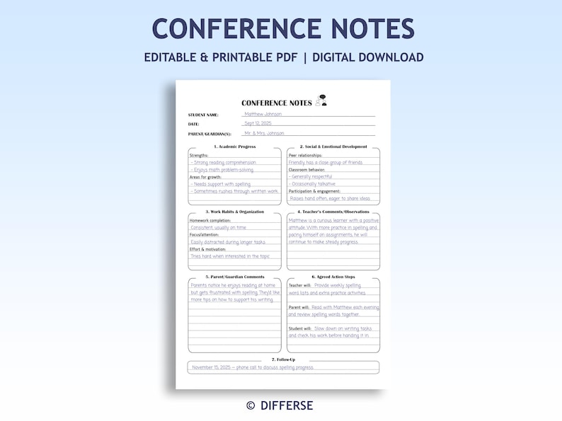 Parent Teacher Conference Notes | Meet the Teacher | Editable Parent ...