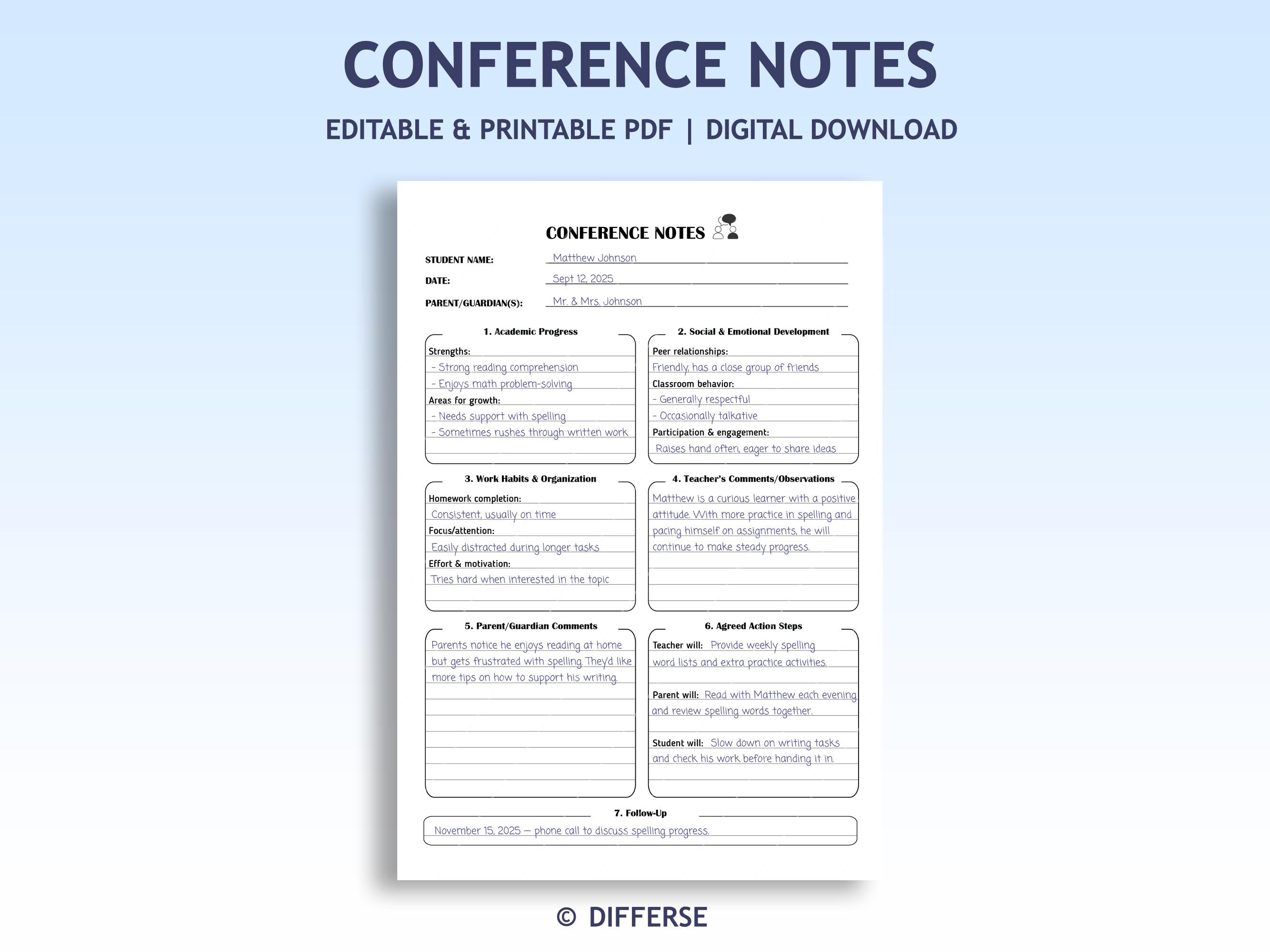 Parent Teacher Conference Notes | Meet the Teacher | Editable Parent ...