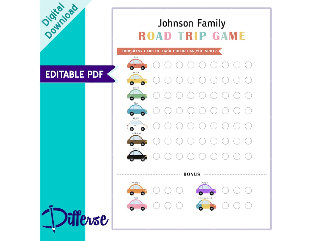 Printable Road Trip Game Car Games Counting Colored Cars Car Color ...