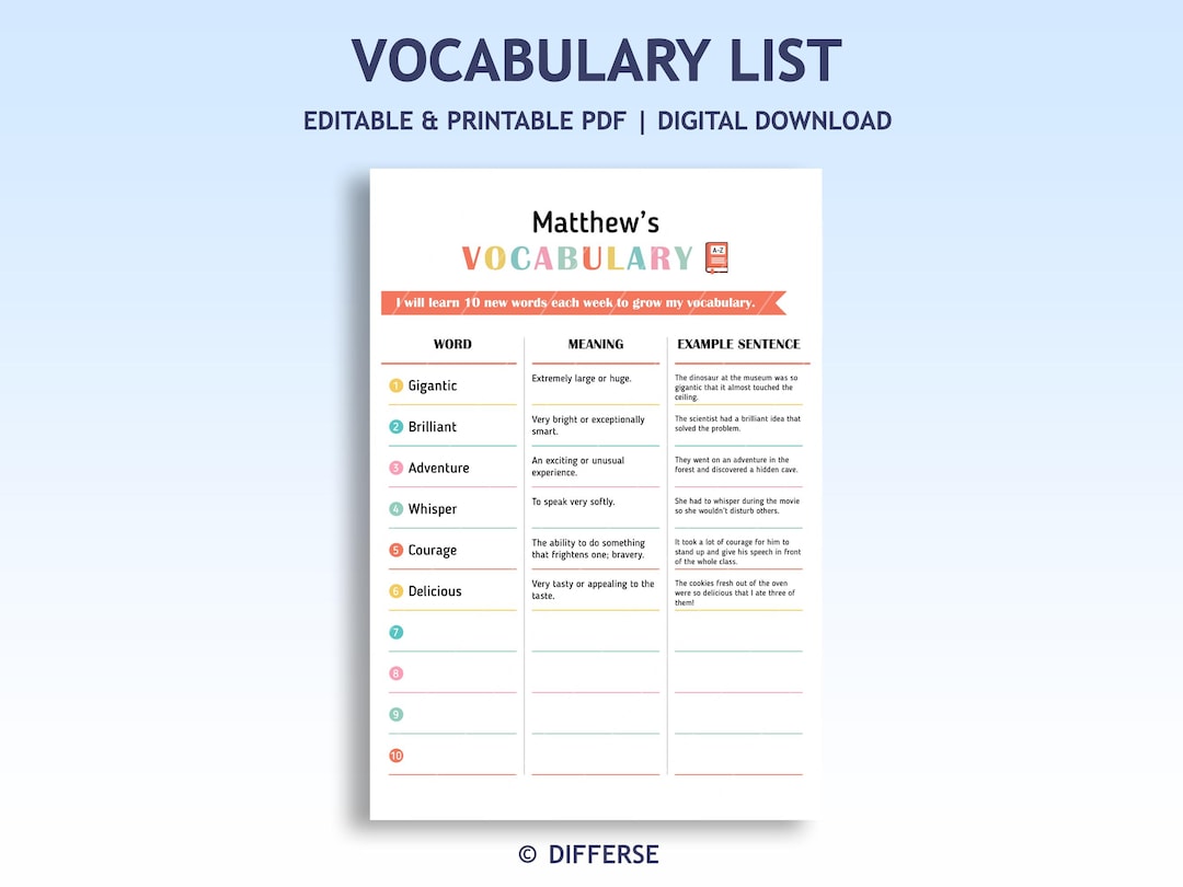 Vocabulary List | Vocabulary Template | Vocabulary Journal | Vocabulary ...