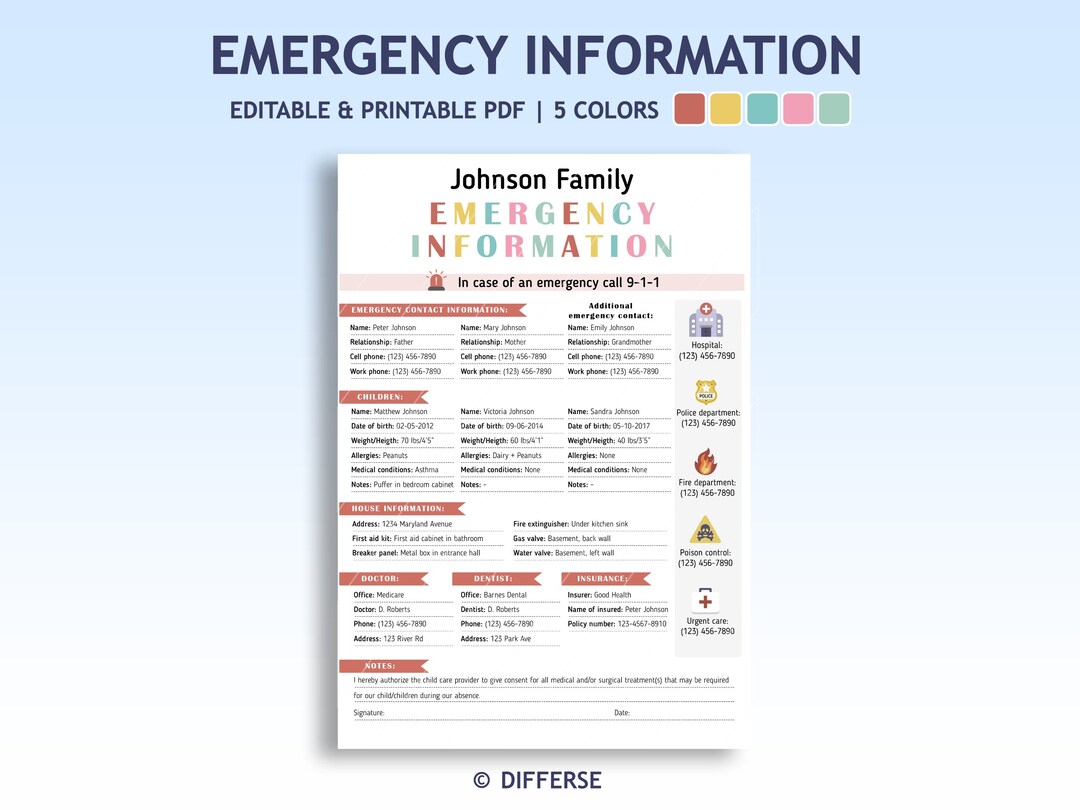 Emergency Information Sheet | Babysitter Information Sheet | Emergency ...