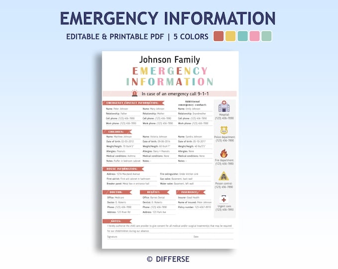 Emergency Contact Info Sheet: Contact Information for Nanny, Babysitter ...