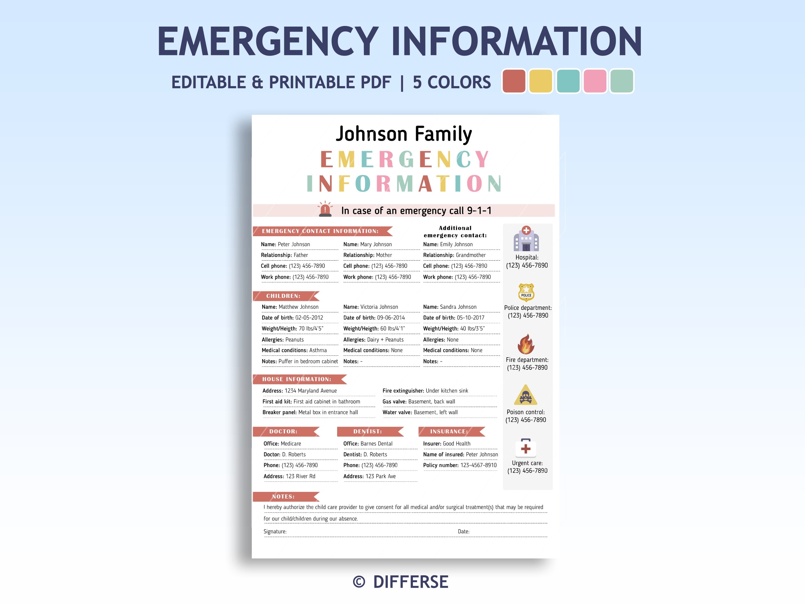 Emergency Information Sheet | Babysitter Information Sheet | Emergency ...