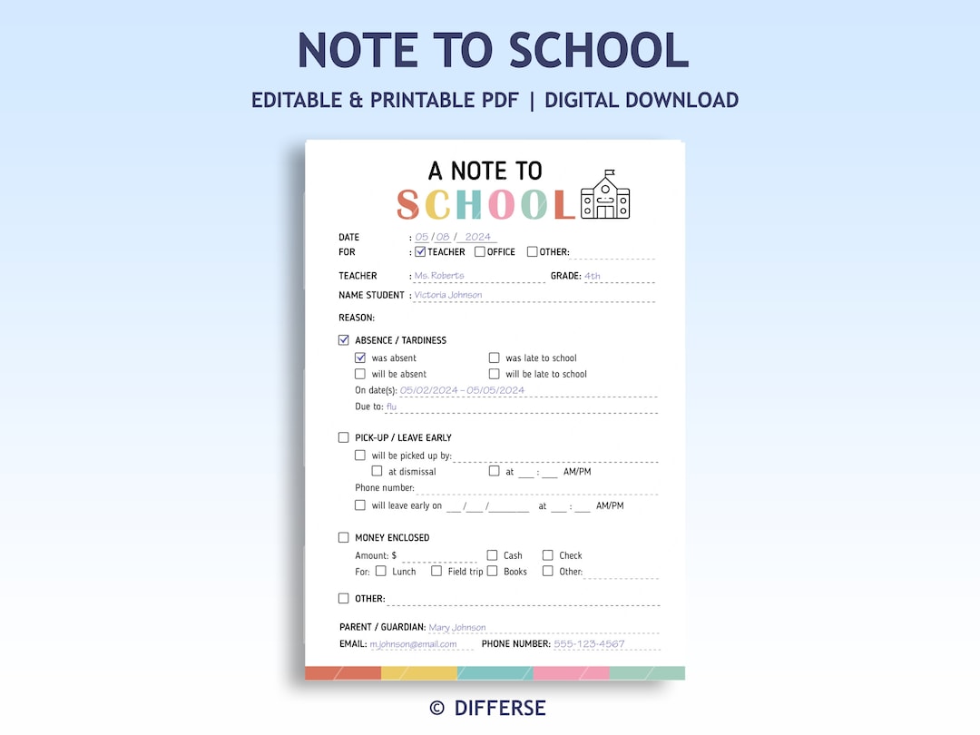 Note to School Template | School Note From Home | Excuse Note | Note ...