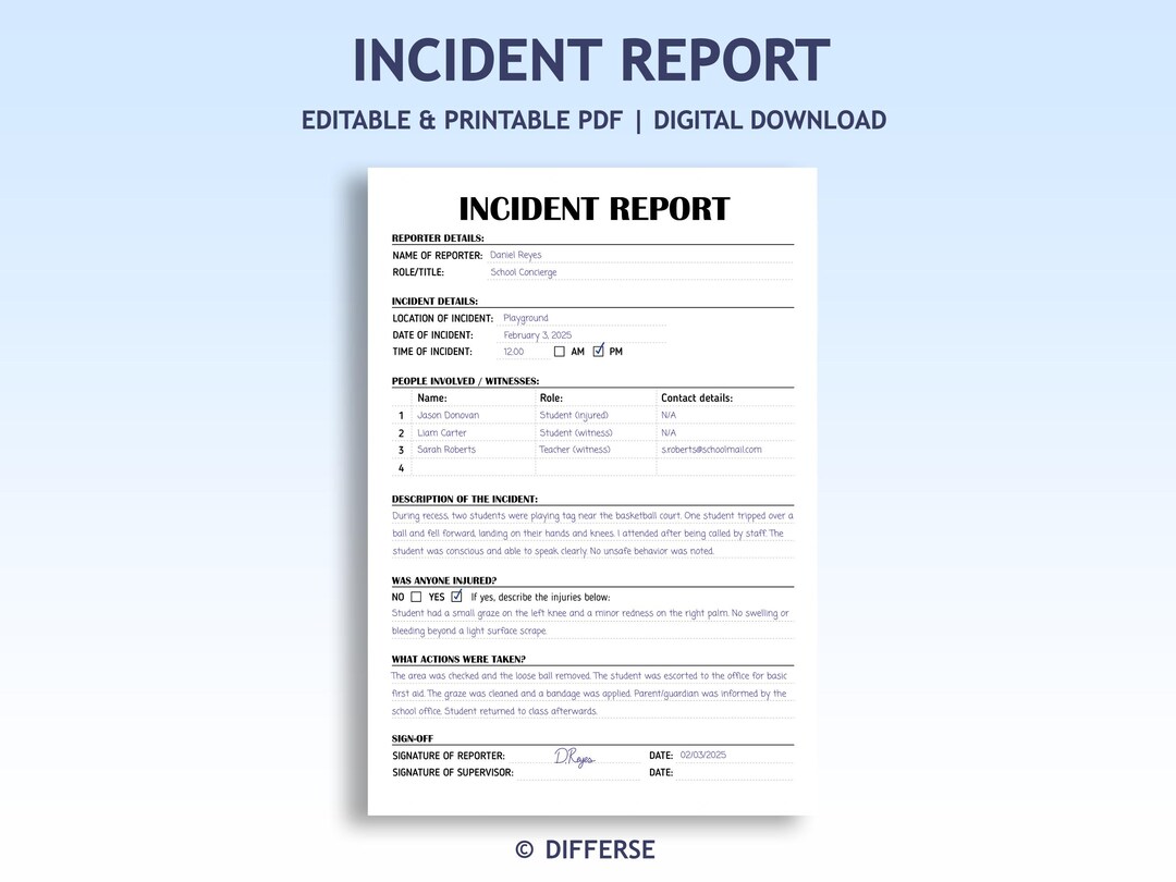 Editable Incident Report Form | Accident Report Sheet | Student Injury ...
