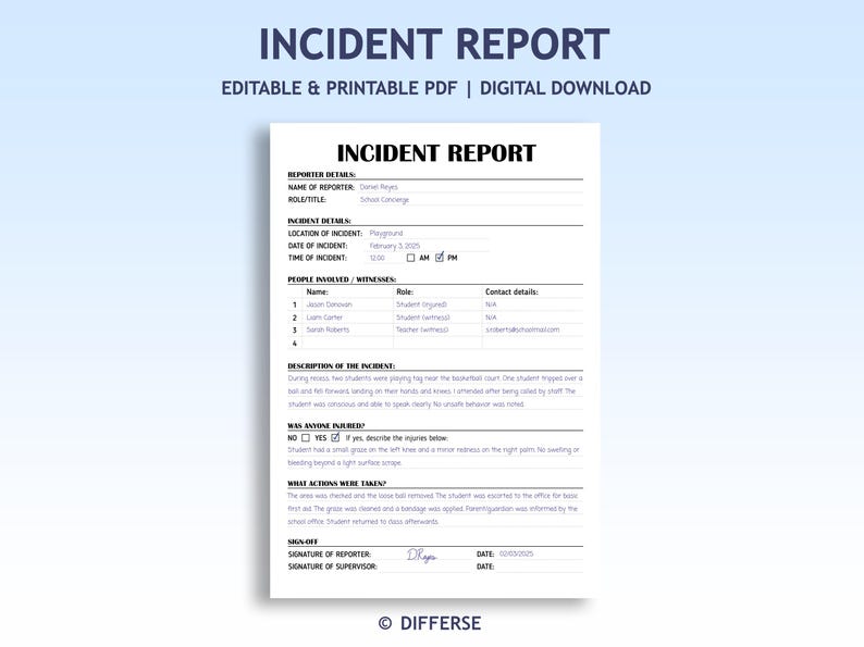 Editable Incident Report Form | Accident Report Sheet | Student Injury ...